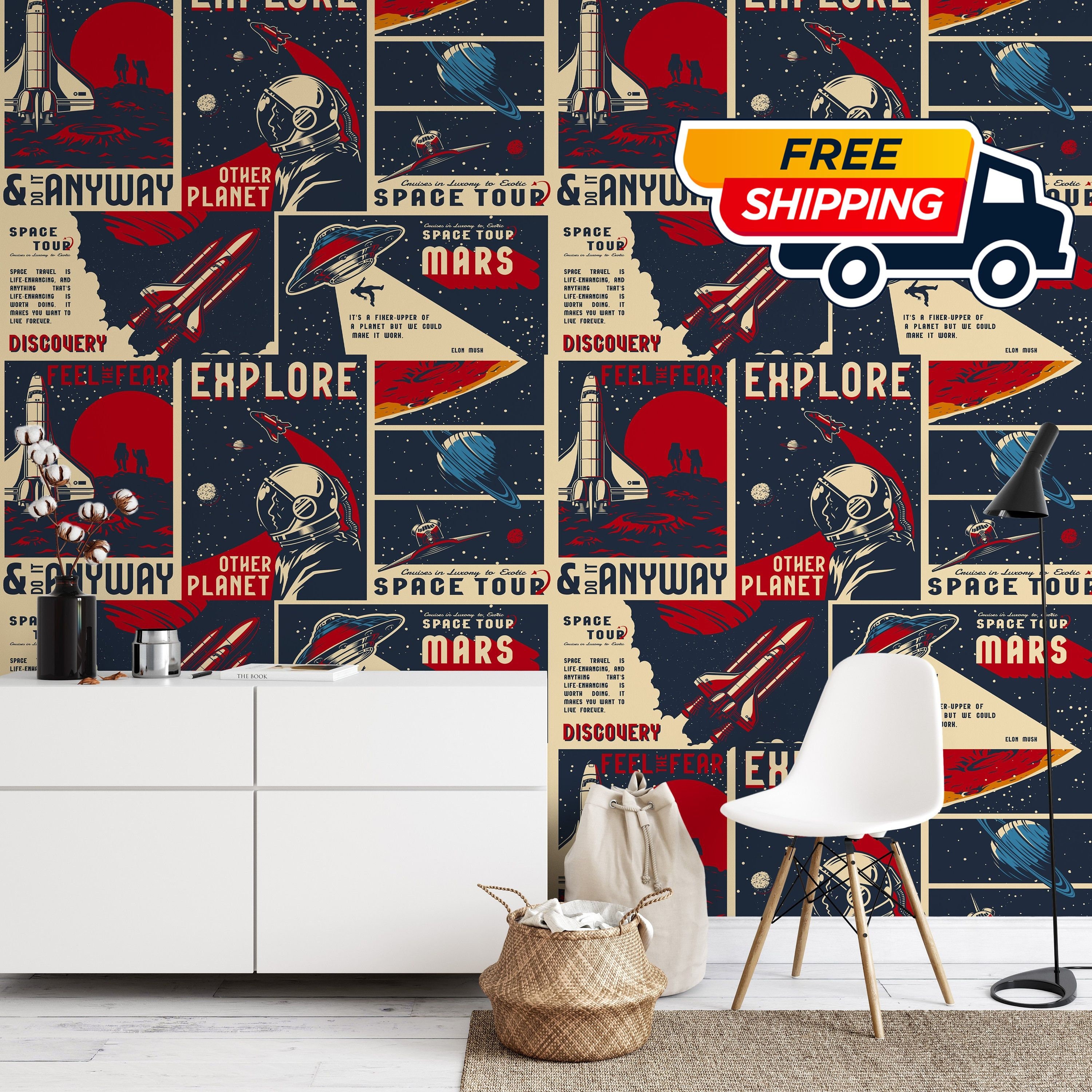 Retro Space Illustration Wallpaper, NASA Wall Decor with Astronauts ...