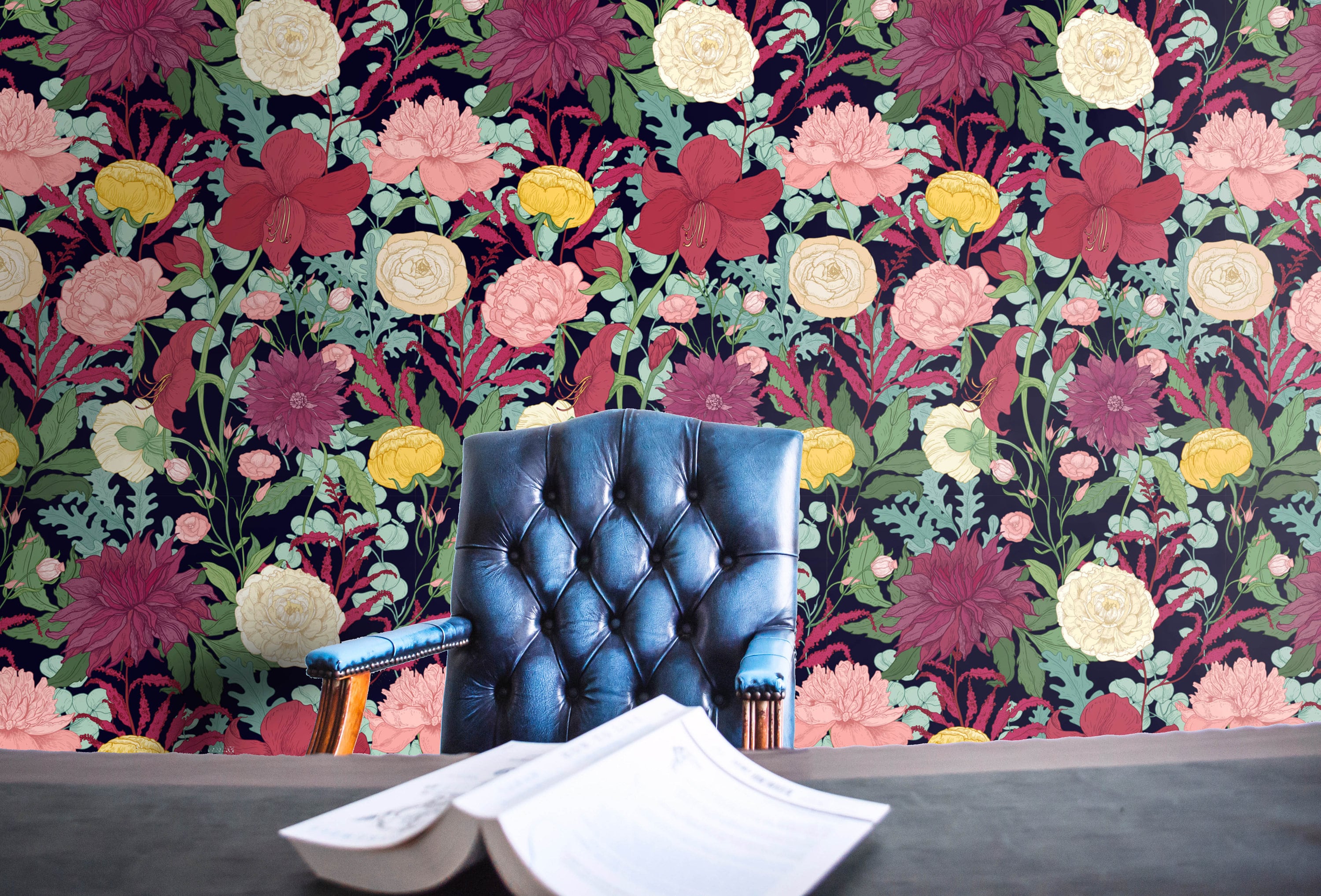 Red Floral Botanical Print Wallpaper