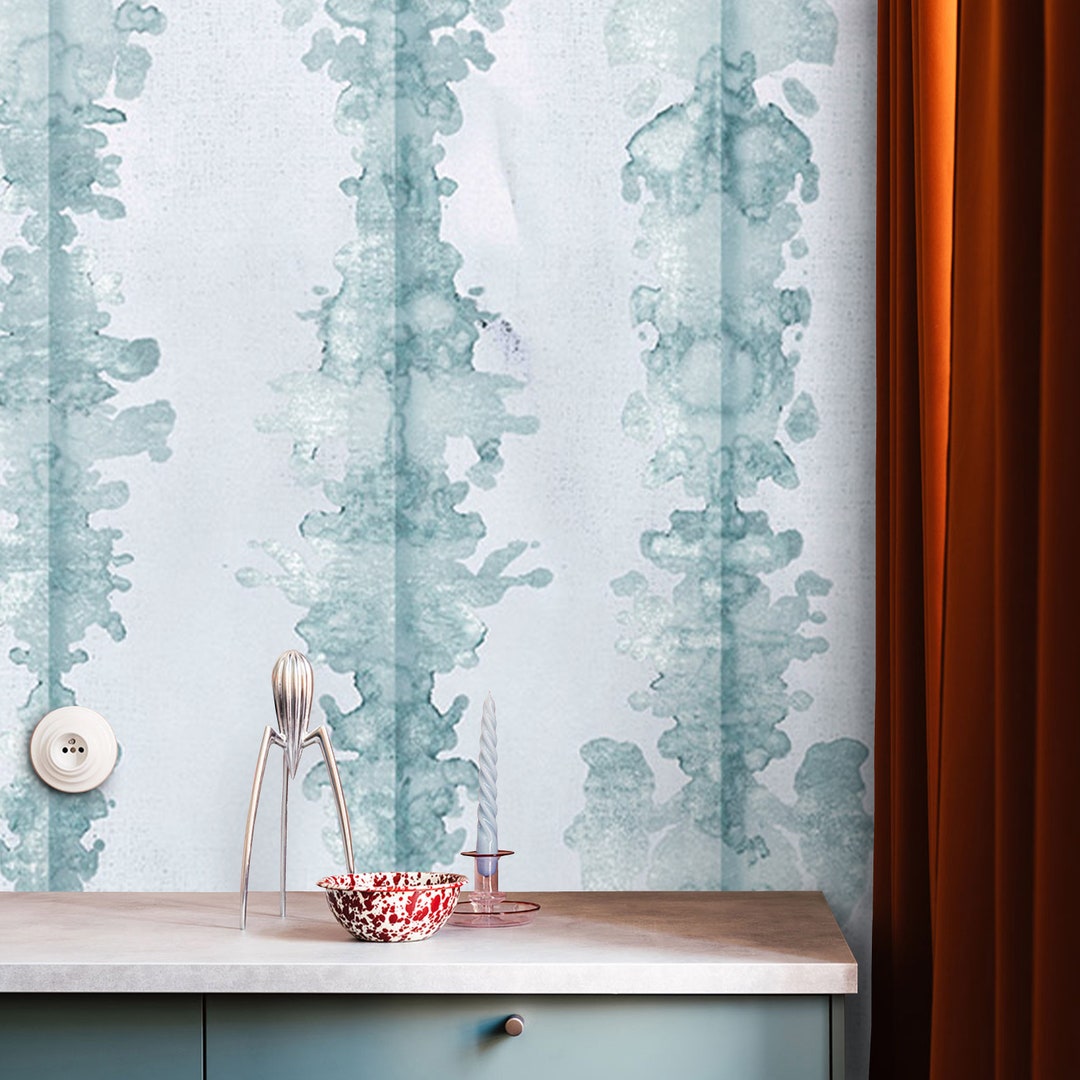 Soft Blue Inkblot Wallpaper, Calming Symmetry on White, Contemporary ...