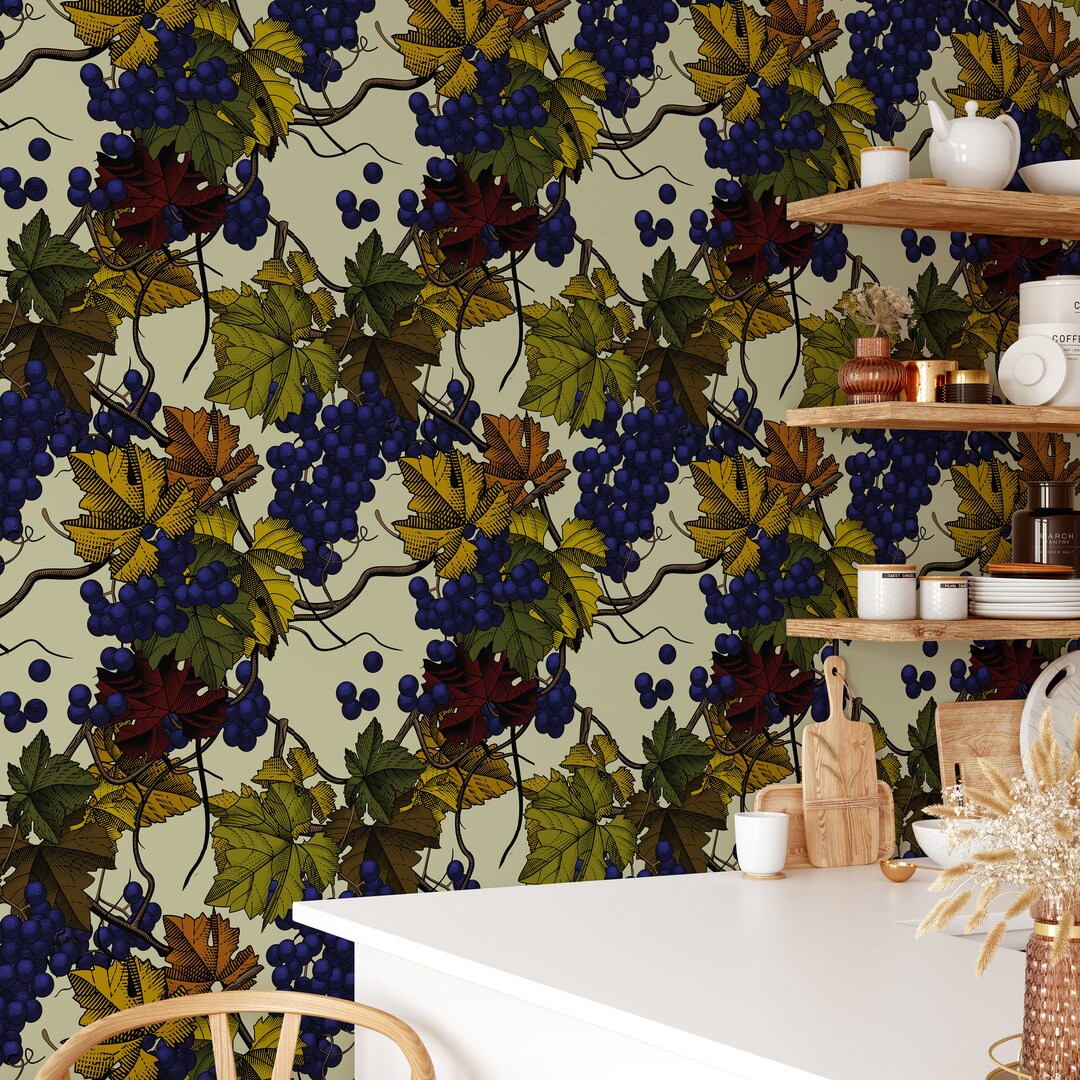 Grapes Wallpaper for Kitchen Decor, Grape Fruits Wall Art With Leaves ...