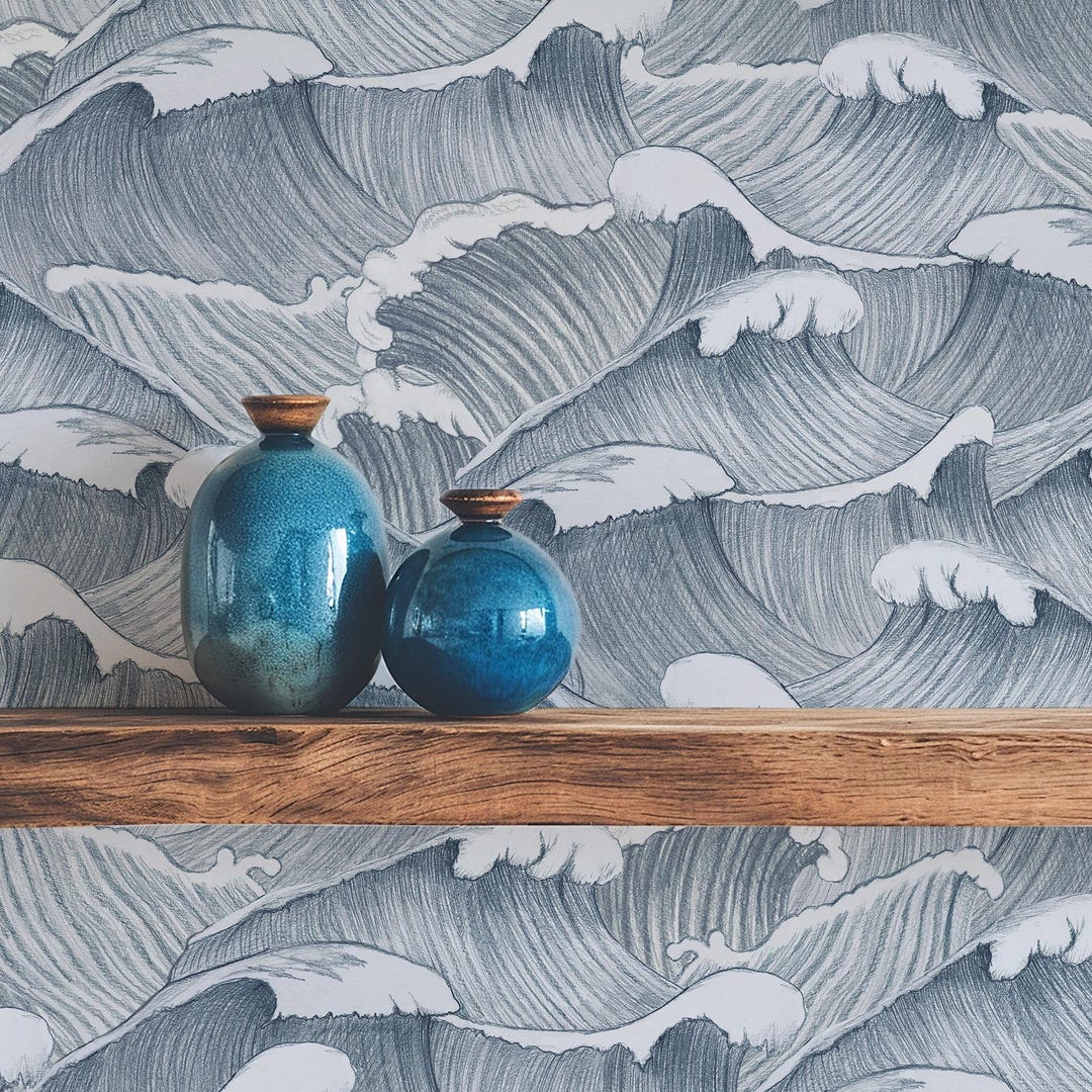 Hand-drawn Blue and White Japanese Wave Wallpaper - Serene Oceanic Wall ...