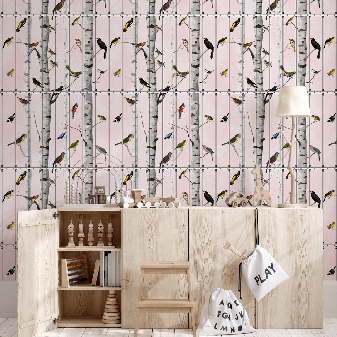 Vintage Birds Wallpaper With Hand Drawn Birds in Cages, Birch Tree ...