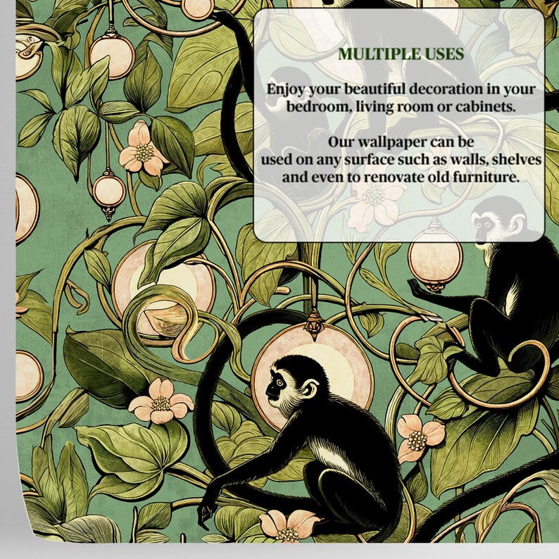 Monkey Wallpaper Green, Whimsical Jungle Nursery Wallpaper, Playful ...