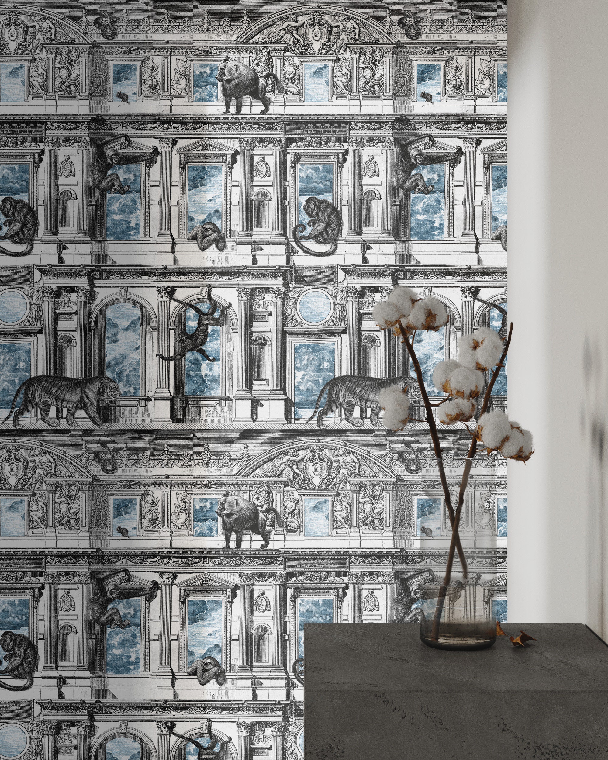 Monkeys on Classic Building Engraved Wallpaper, Retro Design Etching ...