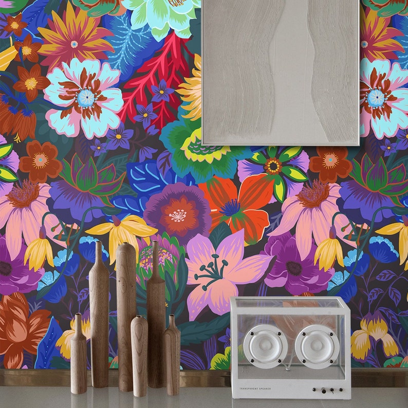 Dark Scandinavian Funky Floral Wallpaper Colorful Floral - Etsy