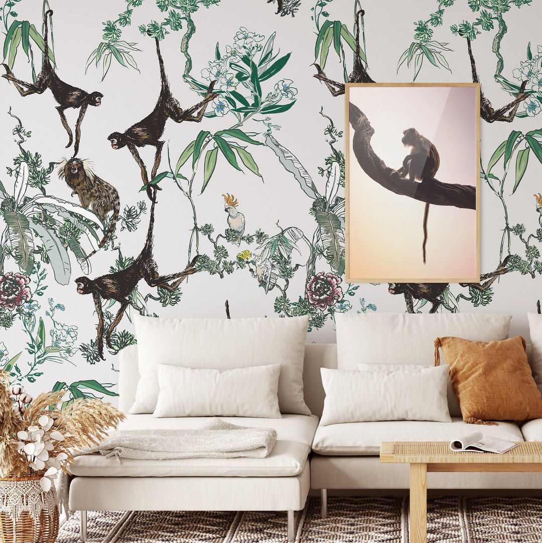 Extra Large Monkeys on Trees Wallpaper, Green and White Tropical Jungle ...