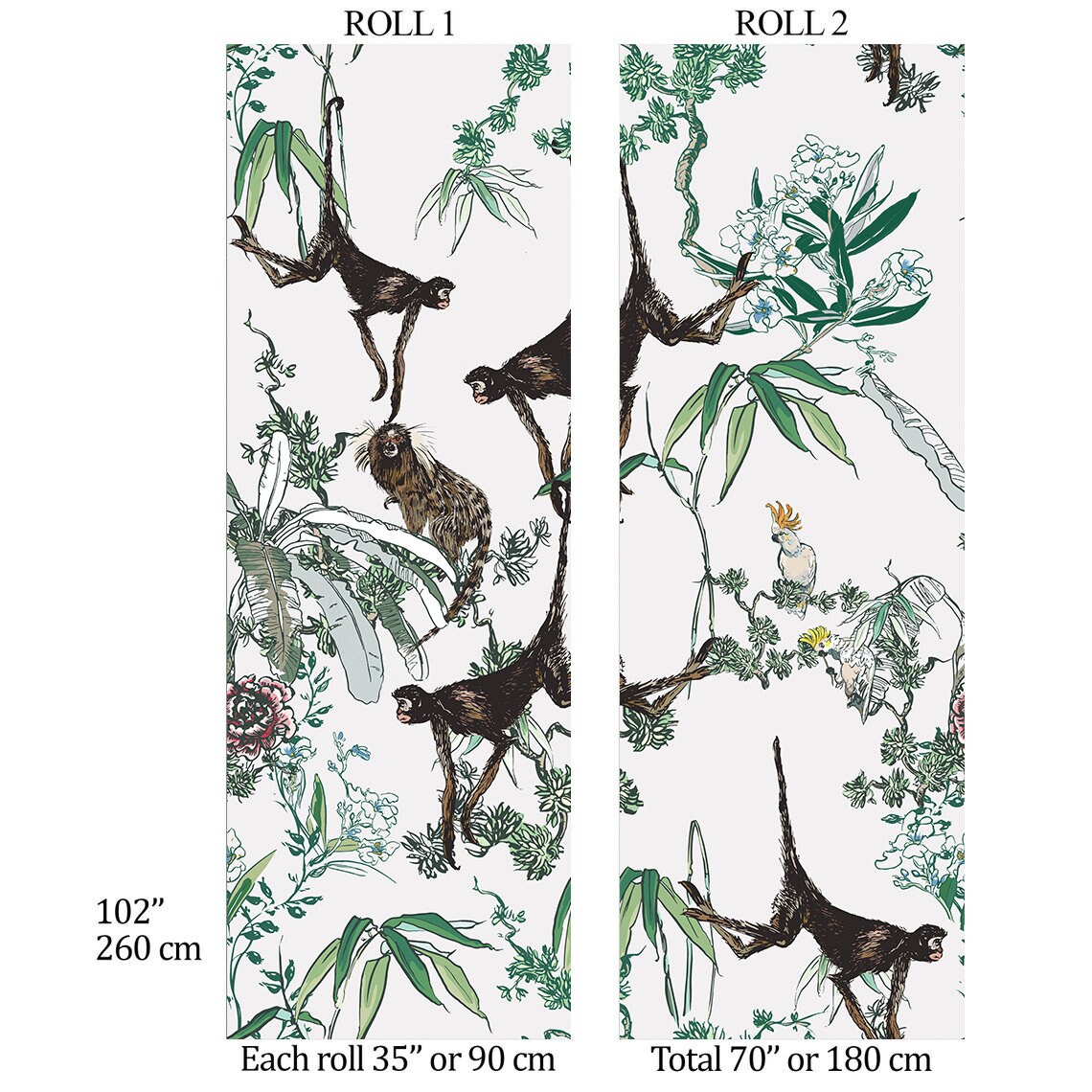 Extra Large Monkeys on Trees Wallpaper, Green and White Tropical Jungle ...
