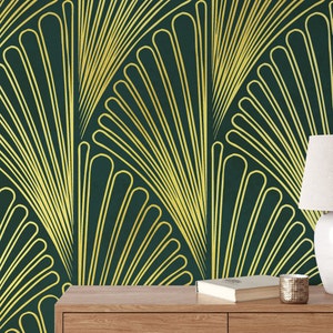 Luxurious Art Deco Palm Frond Wallpaper in Lush Green and Gold - Etsy