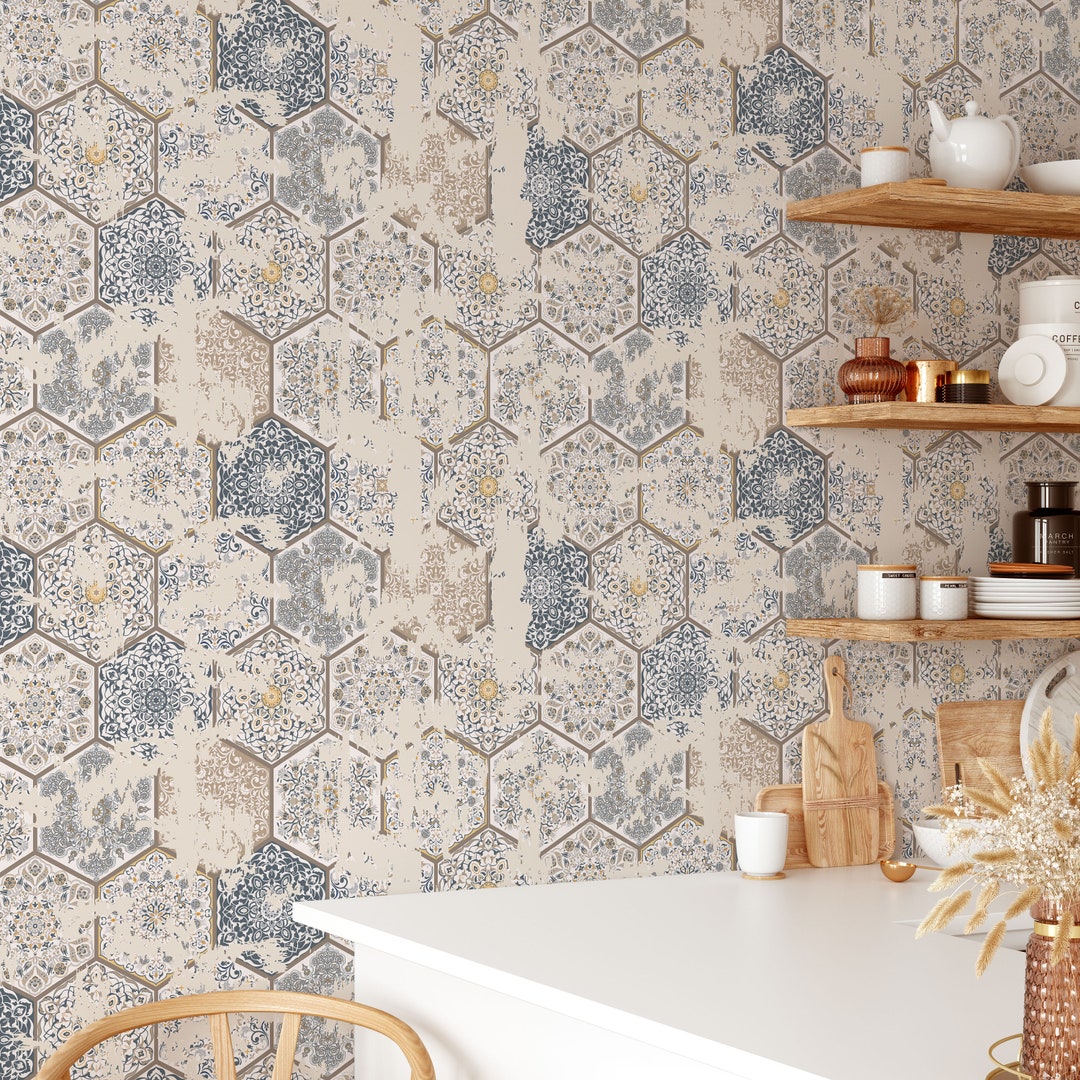 Kitchen Wallpaper With Mosaic Stone Tiles, Temporary Talavera Tile Wall ...