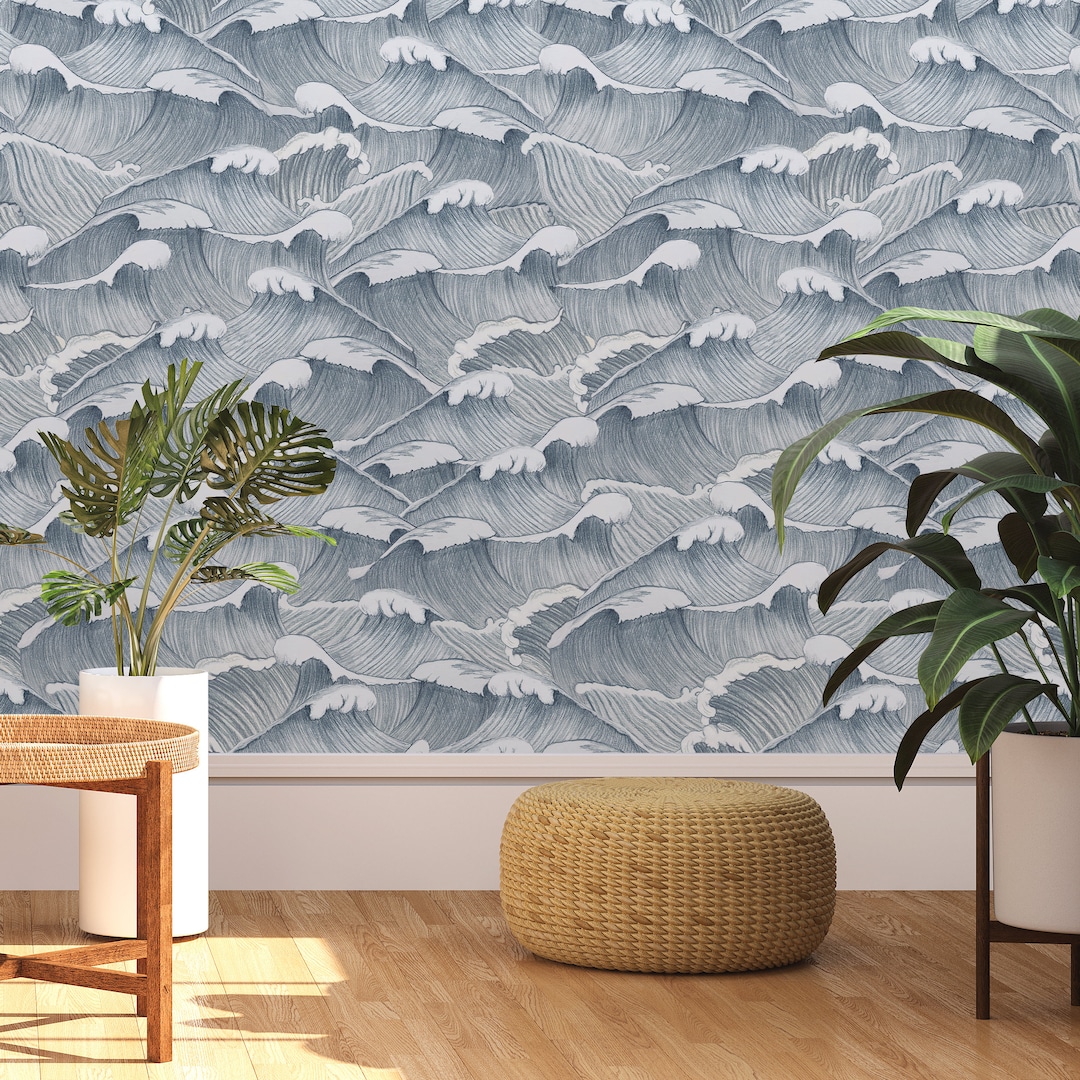 Hand-drawn Blue and White Japanese Wave Wallpaper Serene Oceanic Wall ...