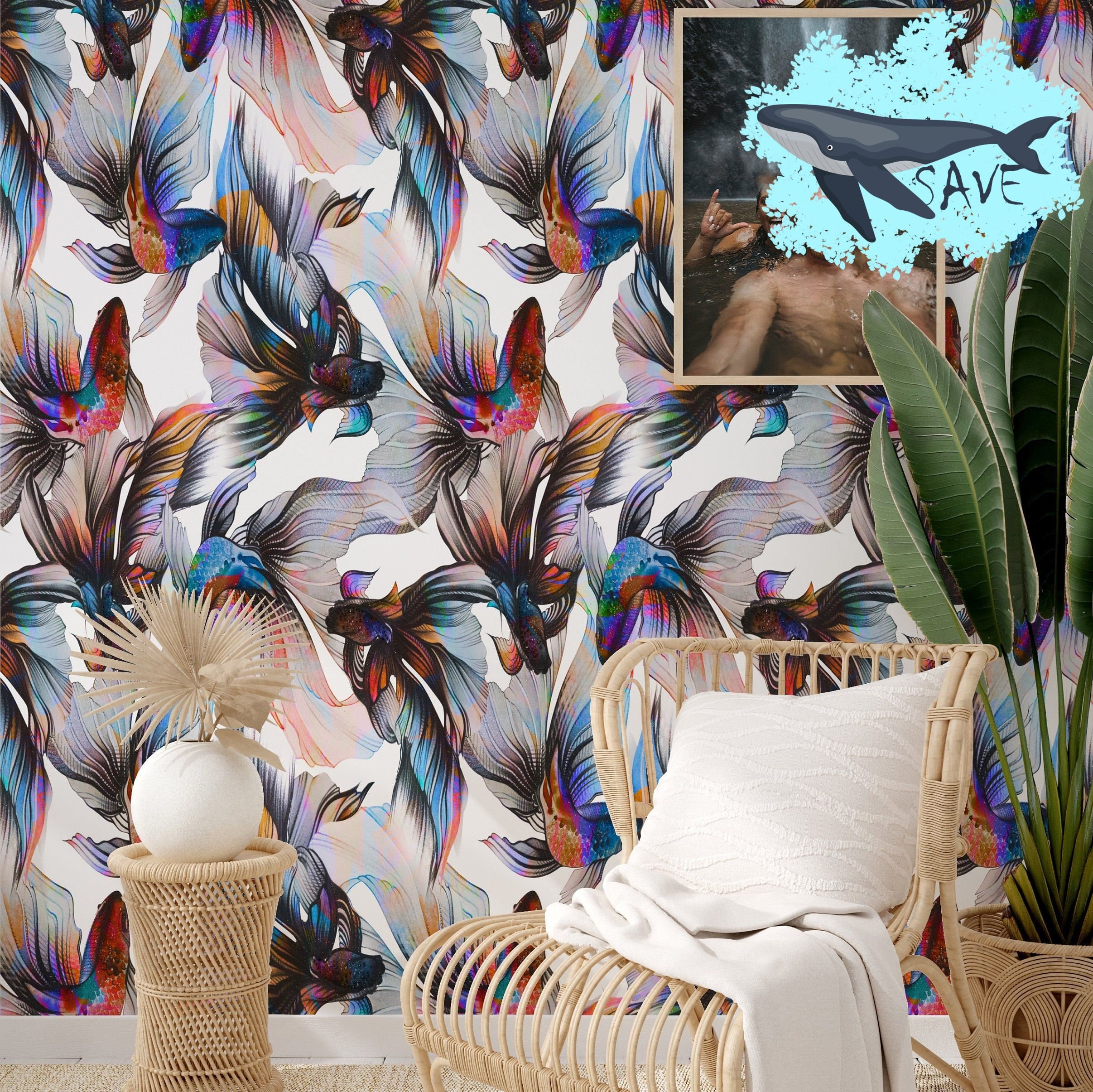 Watercolor Fish Wallpaper for Beach House Decor, Warm Color Art with ...