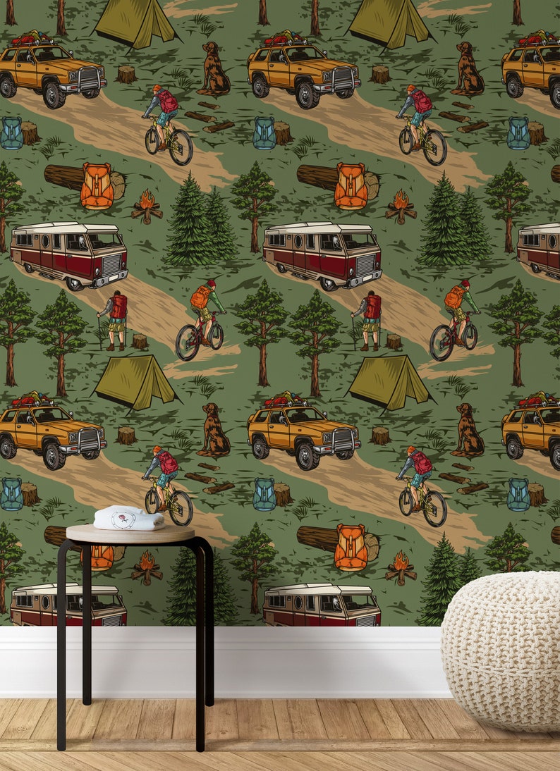 Outdoor Trekking Camping Wallpaper, Wild Nature Trees Wall Decor ...