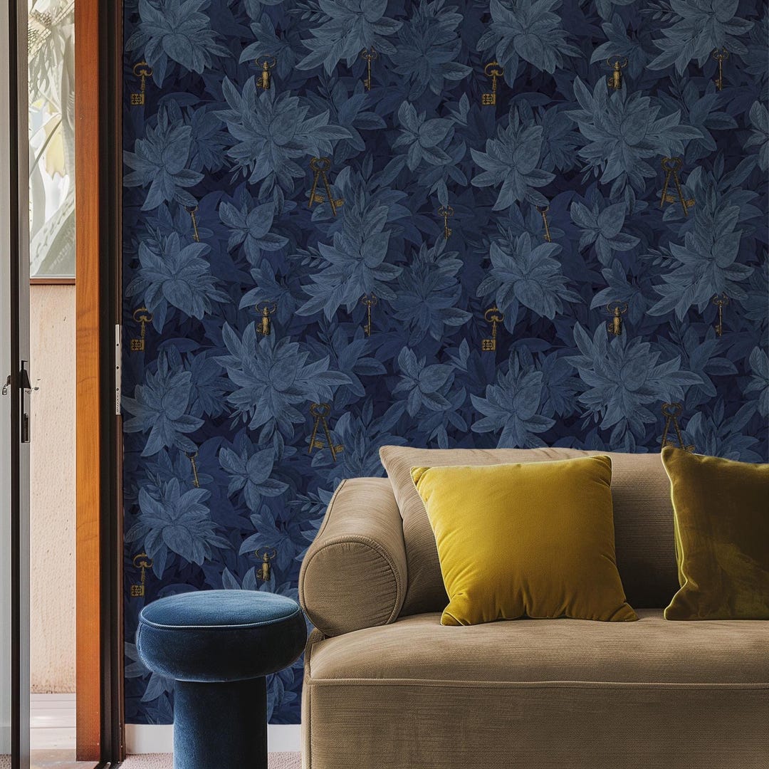 Blue Ivy Leaves Wallpaper With Gold Keys, Dark Hedge Wall Mural ...