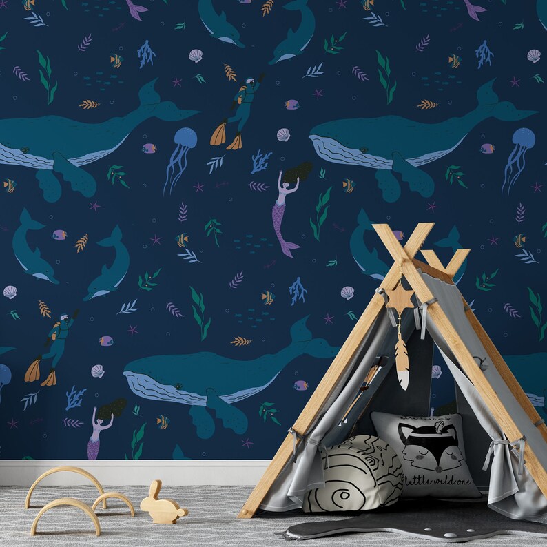 Mermaids Wallpaper With Whales Diving Beauties Wall Art in - Etsy