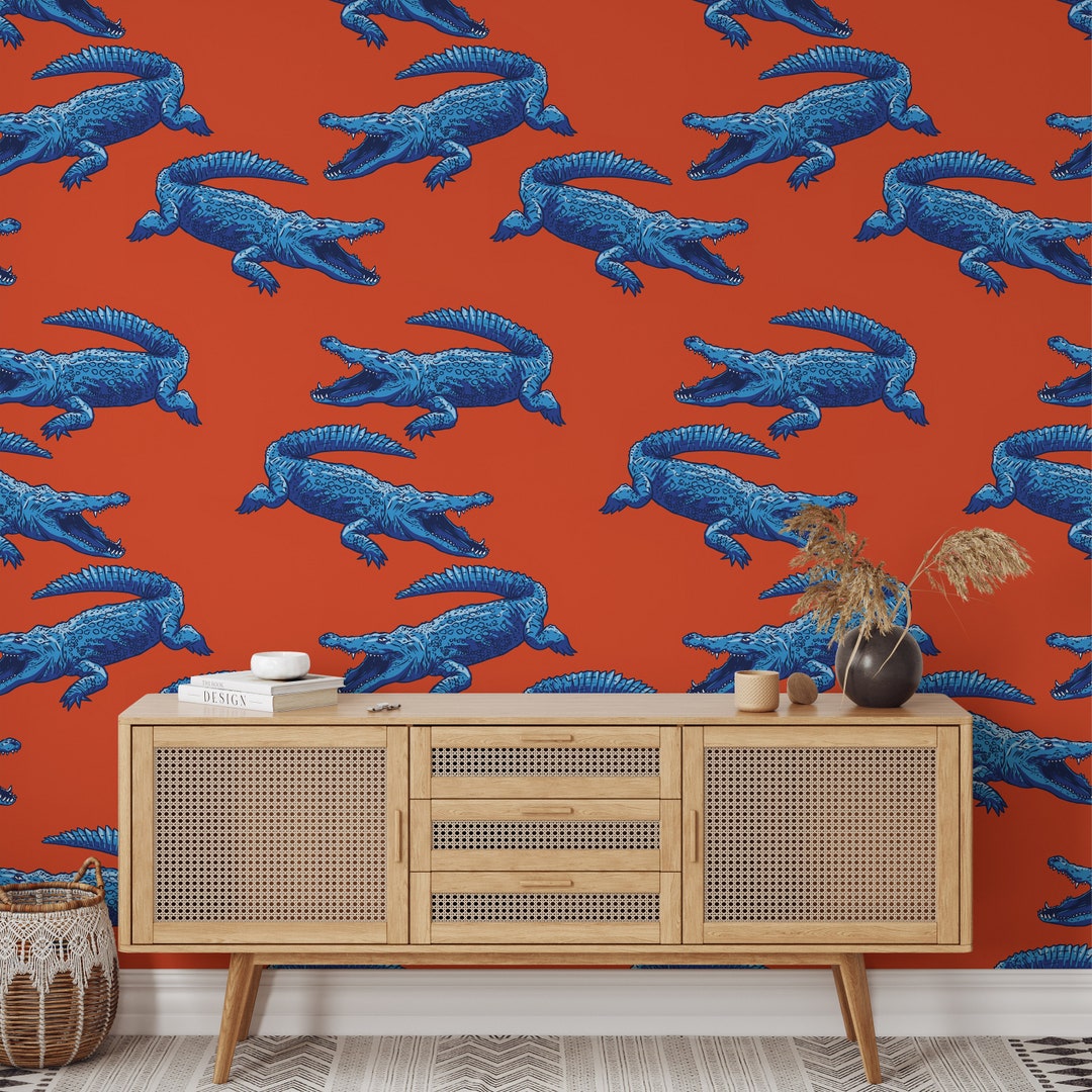 Orange Whimsical Crocodiles Wallpaper, Funky Wall Decor - Etsy
