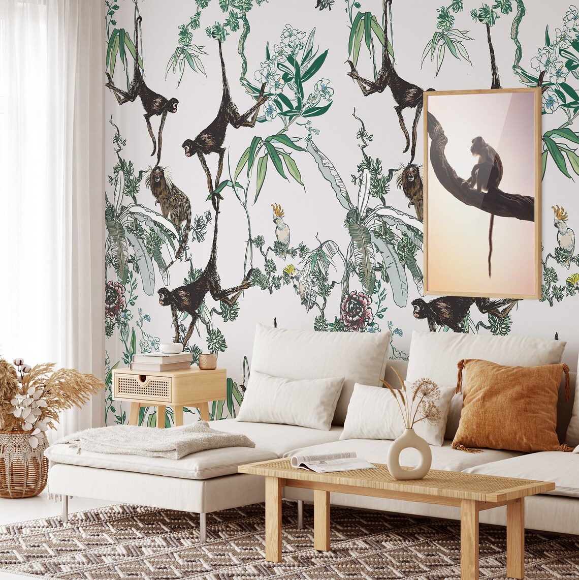 Extra Large Monkeys on Trees Wallpaper Green and White - Etsy
