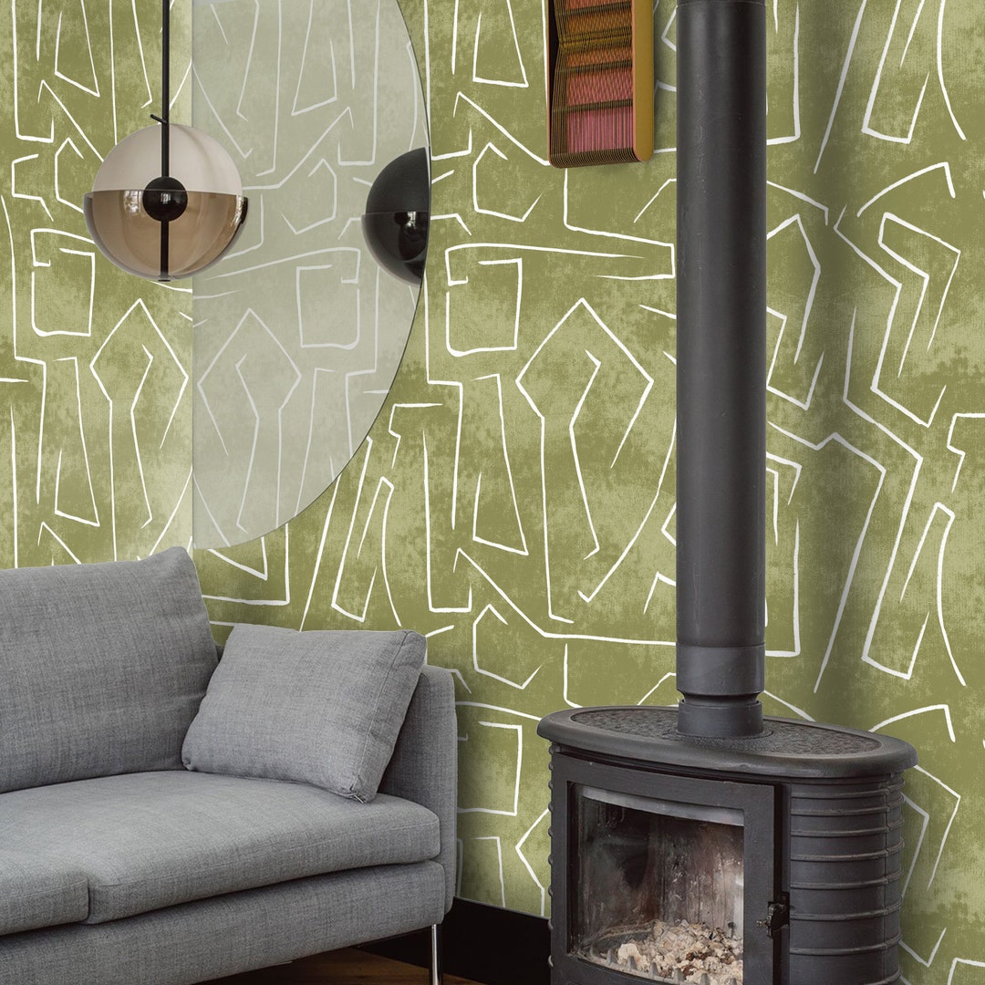 Olive Green Abstract Wallpaper With White Pattern | Contemporary Style ...
