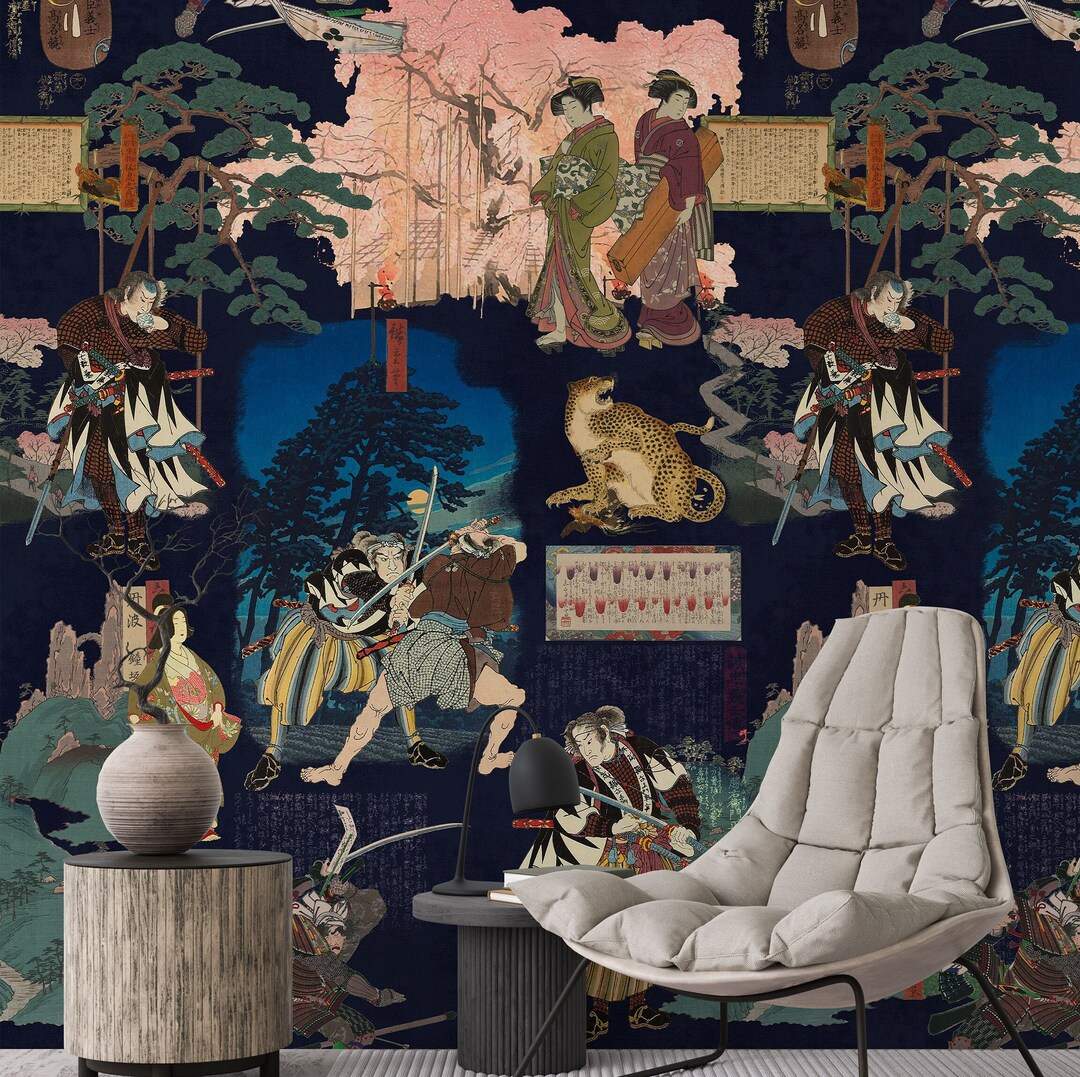 Elegant Samurai & Geisha Wallpaper - Midnight Blue Japanese Design ...