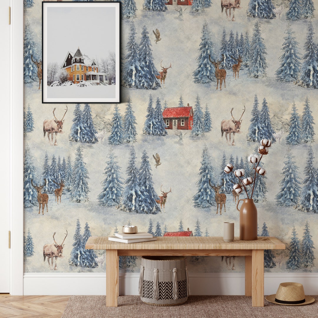 Snow Winter Forest With Animals Wallpaper, Winter Mountain Antlers Wall ...