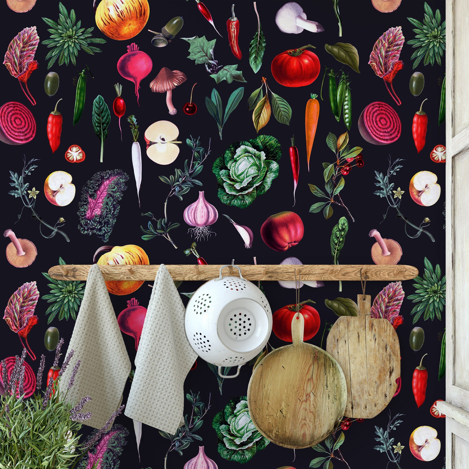 Food Ingredients Restaurant Wallpaper, Retro Kitchen Veggie Wall Decor ...