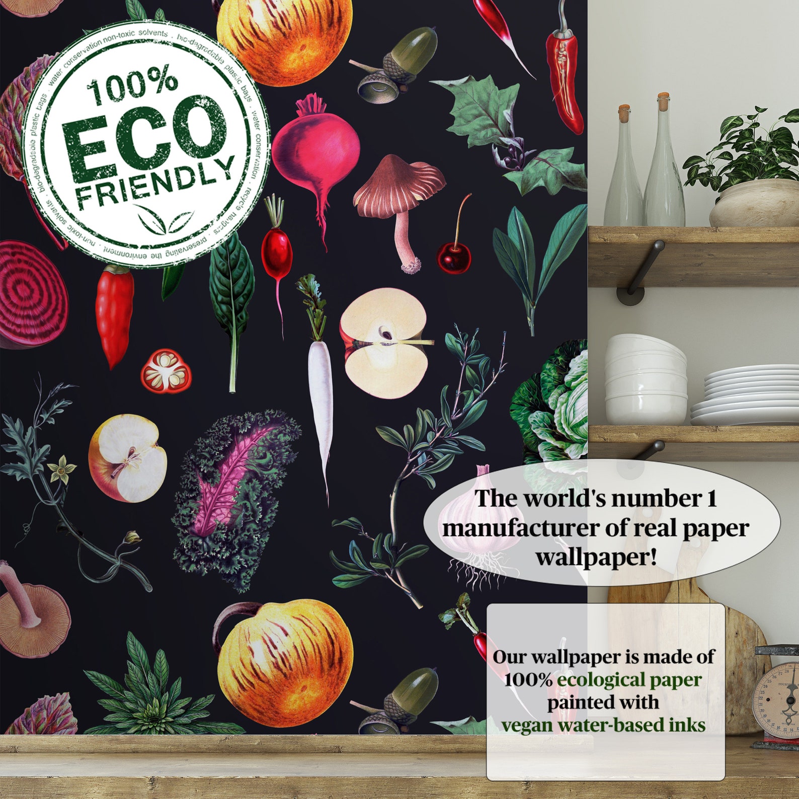 Food Ingredients Restaurant Wallpaper, Retro Kitchen Veggie Wall Decor ...