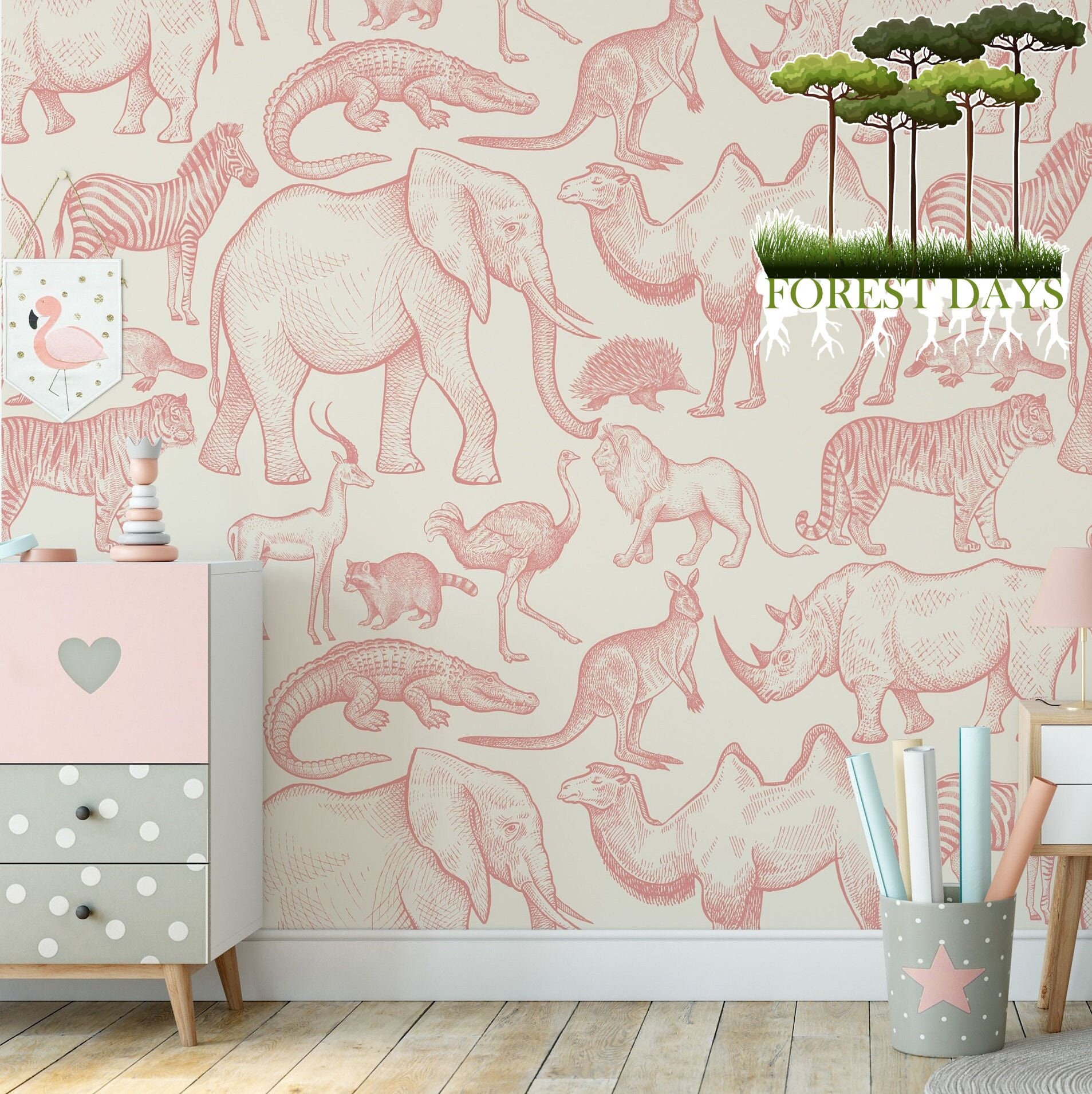 Wild Animals Pink Wallpaper, Lion Elephant Giraffe Watercolor animal ...