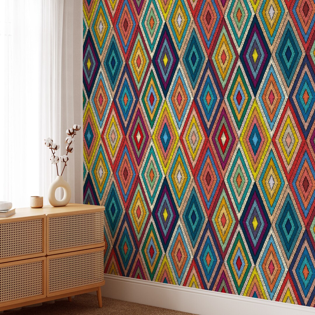 Patchwork Tribal Boho Wallpaper, Ethnic Wall Decor With Hand-drawn ...