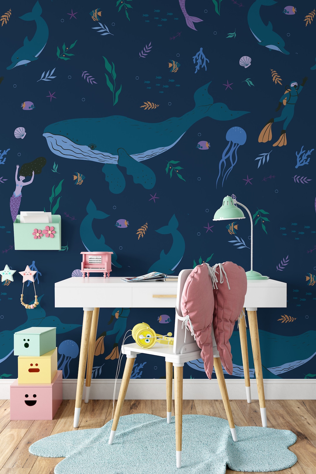 Mermaids Wallpaper With Whales, Diving Beauties Wall Art in Navy Blue ...