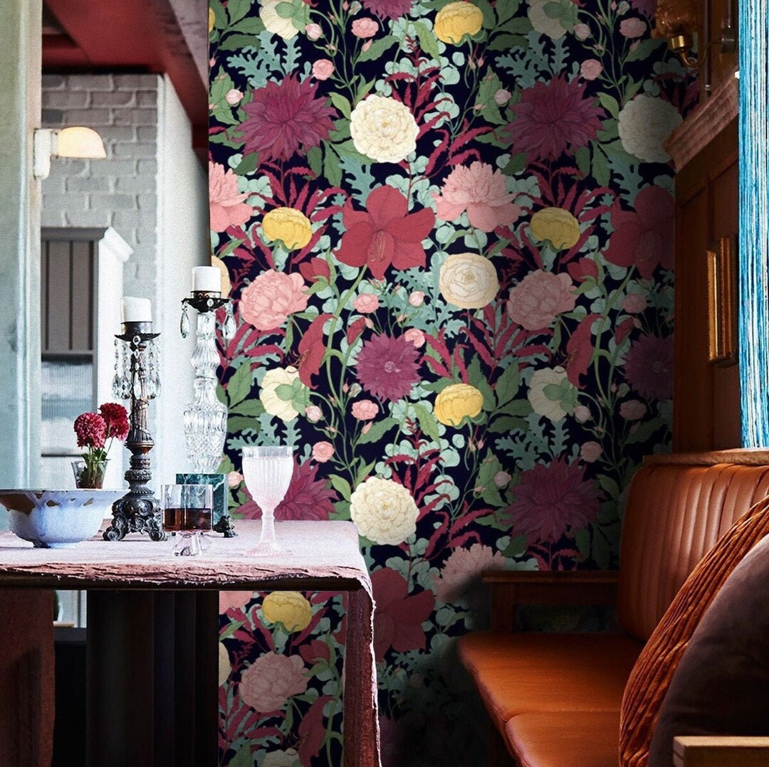 Whimsical Red Floral Wallpaper, Vintage Field Flower Funky Wall Art for ...