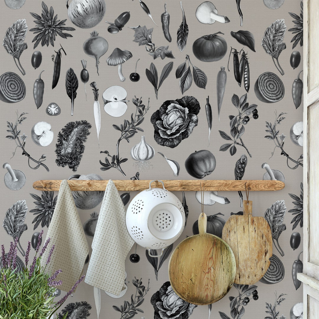 Vintage Vegetables Kitchen Wallpaper, Retro Kitchen Veggie Wall Decor ...