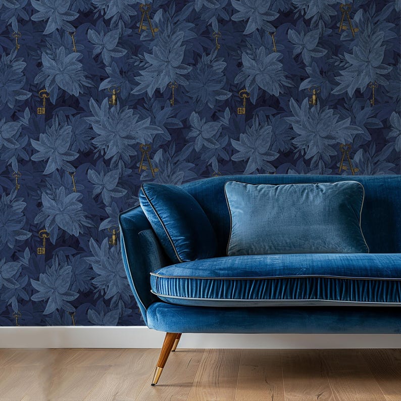 Blue Ivy Leaves Wallpaper With Gold Keys, Dark Hedge Wall Mural ...