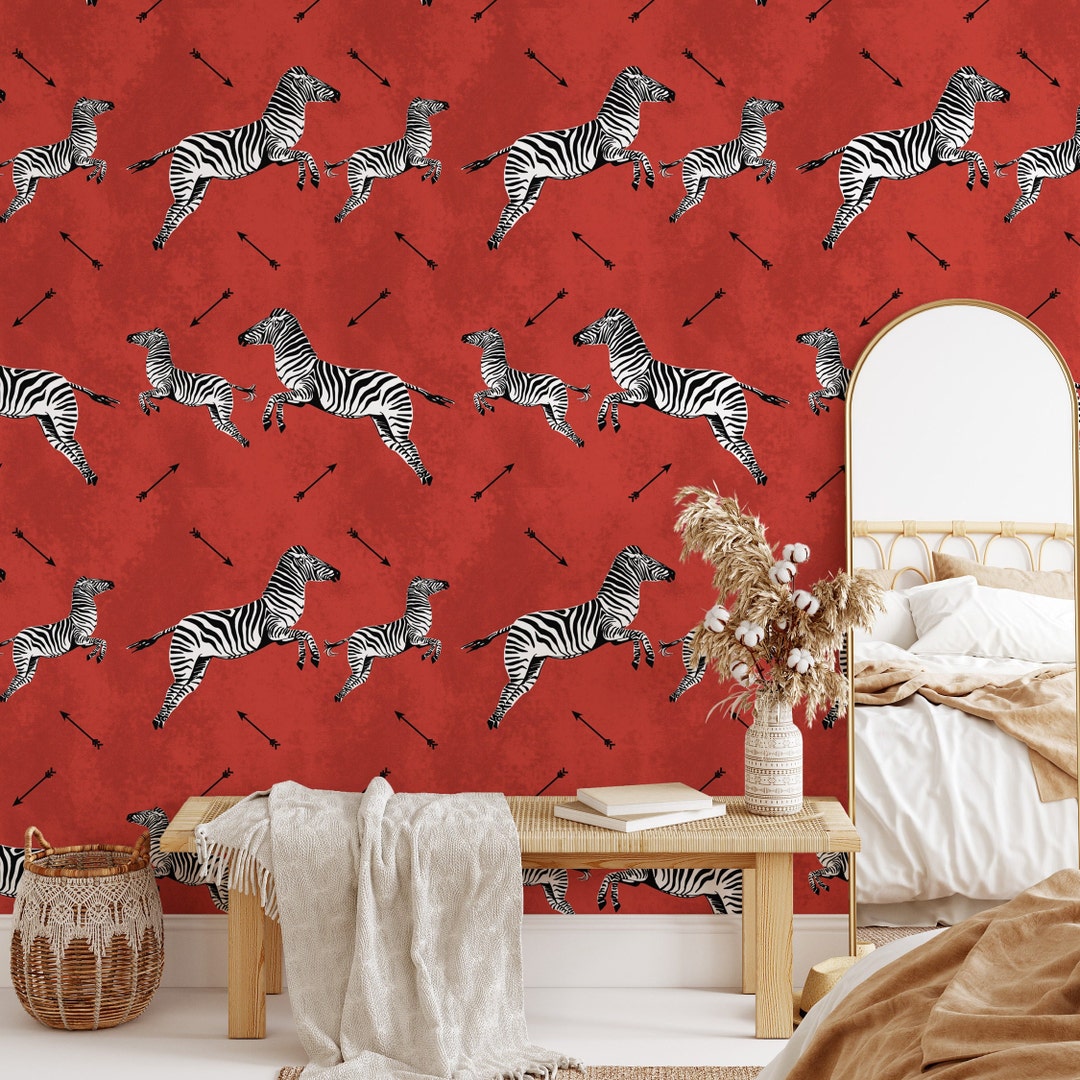 Red Flying Zebra Wallpaper, Zebras Wall Decor, Jumping Zebra Wallpaper ...