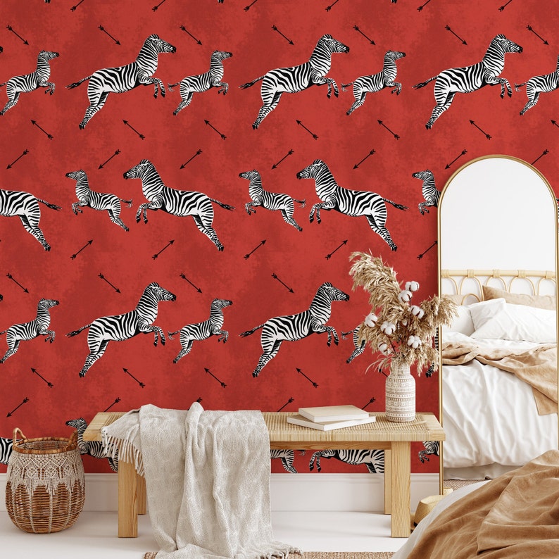 Red Flying Zebra Wallpaper Zebras Wall Decor Jumping Zebra - Etsy