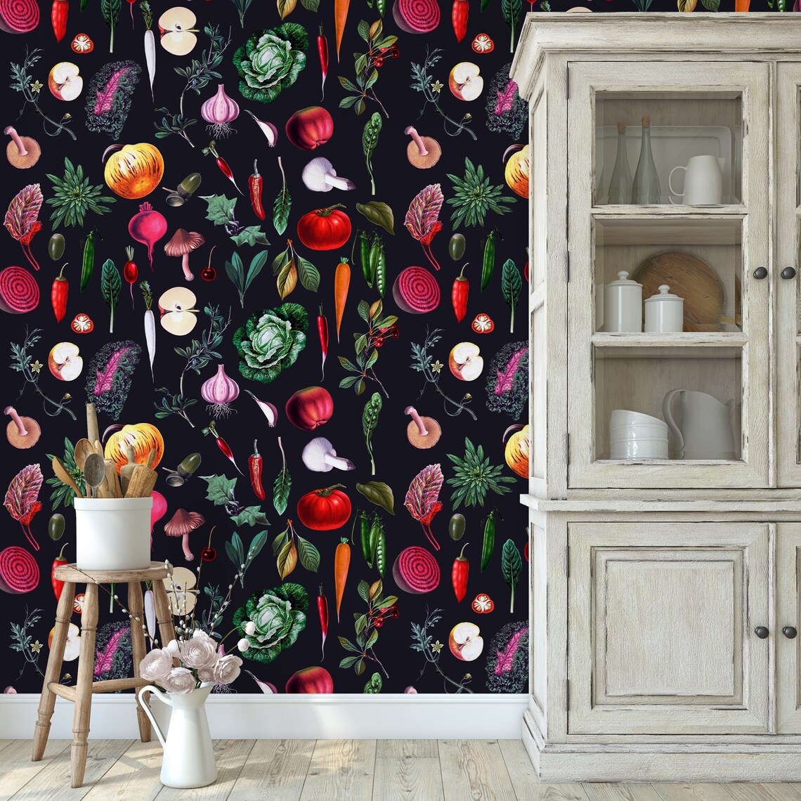 Vintage Vegetables Kitchen Wallpaper Retro Kitchen Veggie - Etsy
