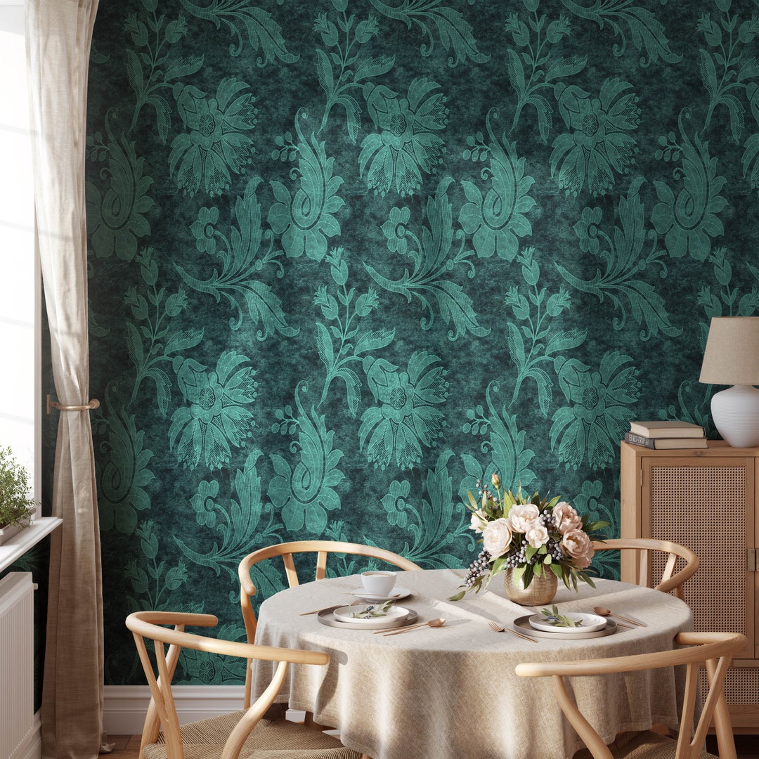 Persian Turquoise Damask Wallpaper, Antique Victorian Fabric Texture - Etsy