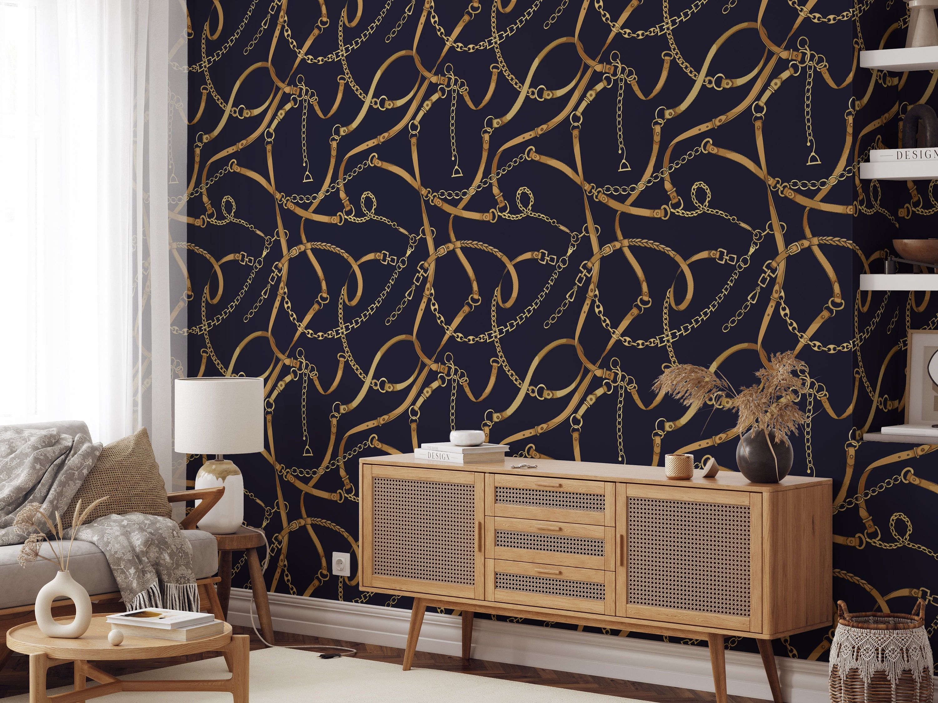 Vintage Horse Reins Wallpaper, Chains Wall Decor, Tacks and Belts Wall Art