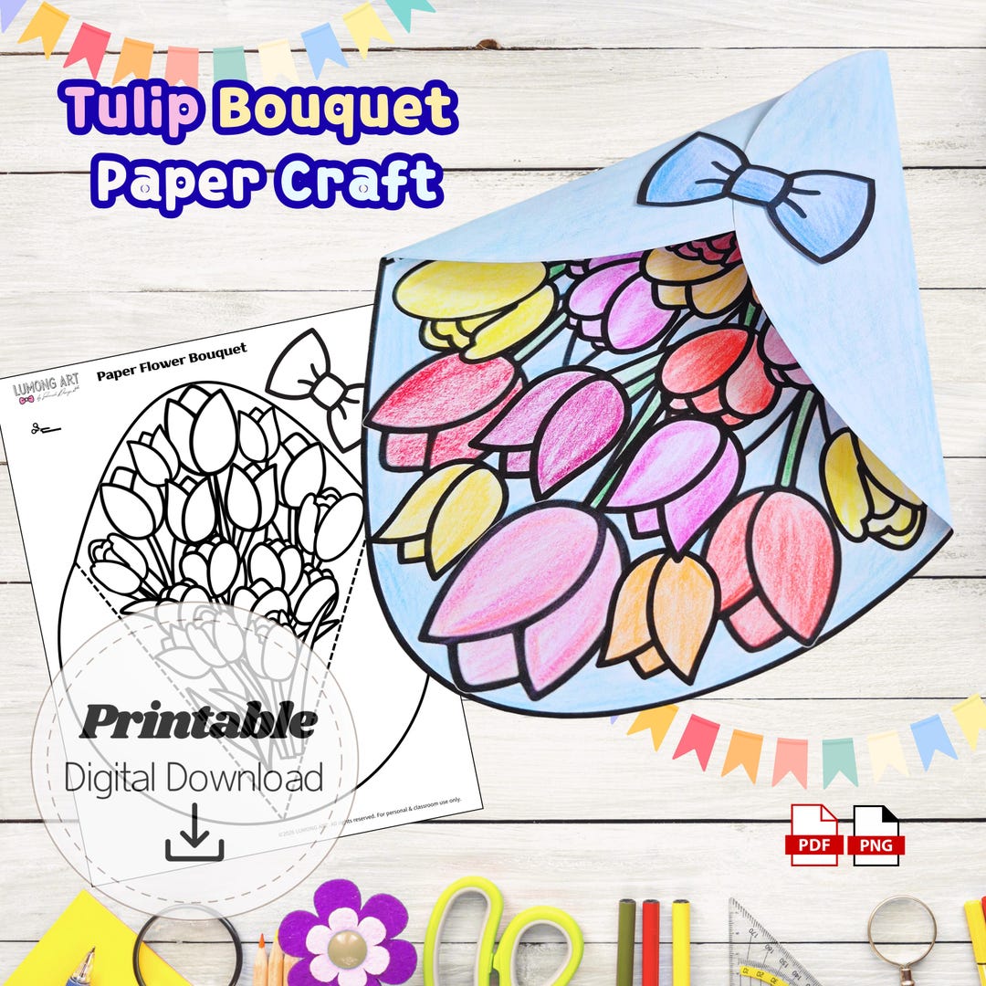 Make a Tulip Bouquet Paper Craft for Kids, DIY Flower Printable Spring ...