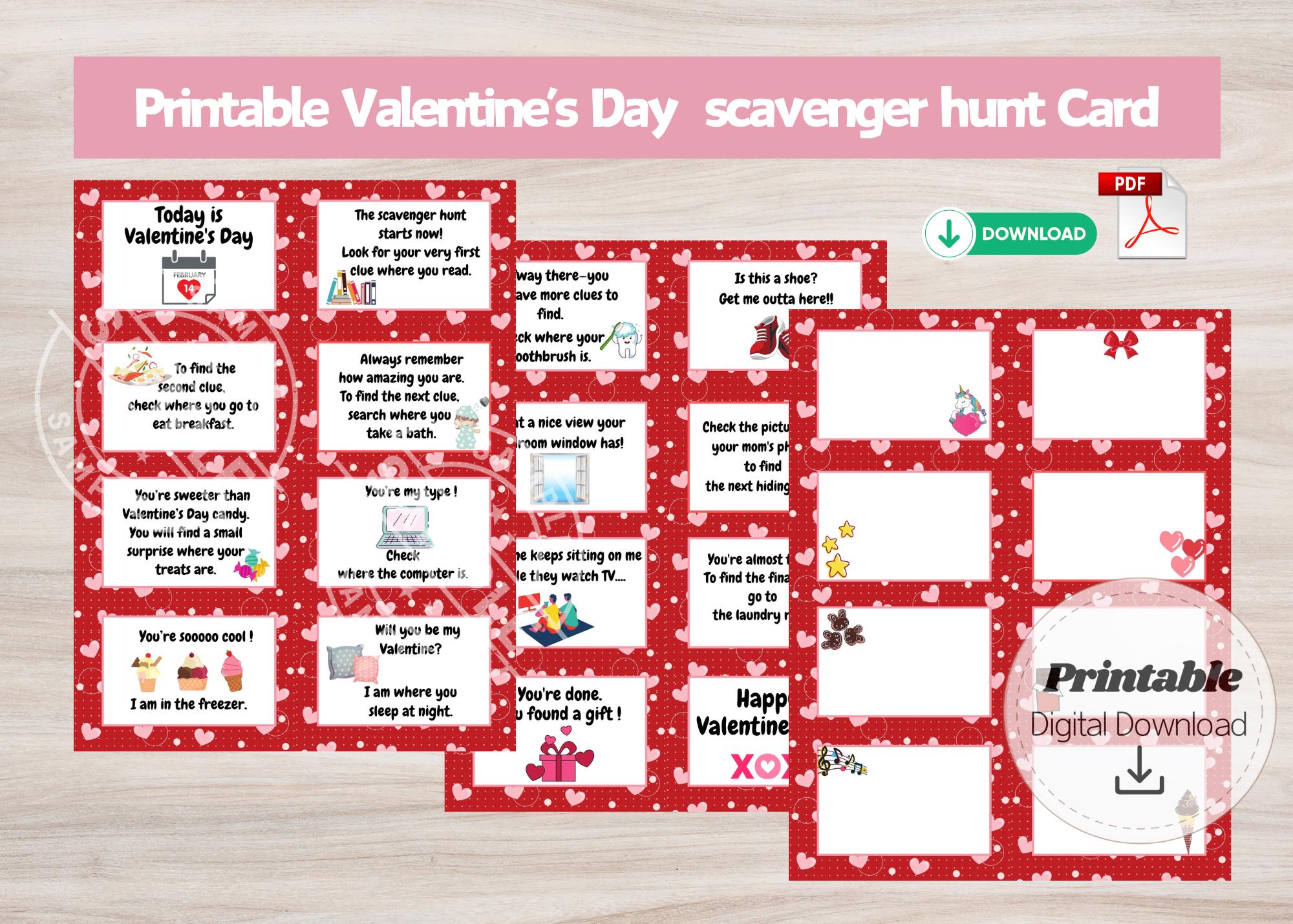 Valentine’s Day Scavenger Hunt Cards, Printable Clue Set Treasure Hunt ...