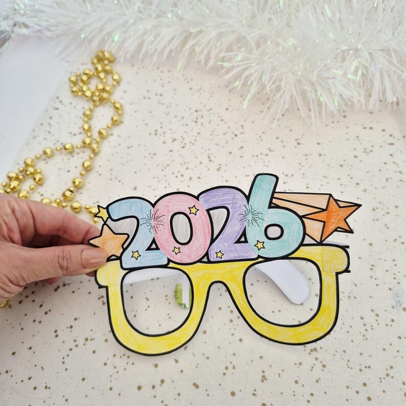 Happy New Year 2026 Paper Glasses Craft Printable, New Year Coloring ...