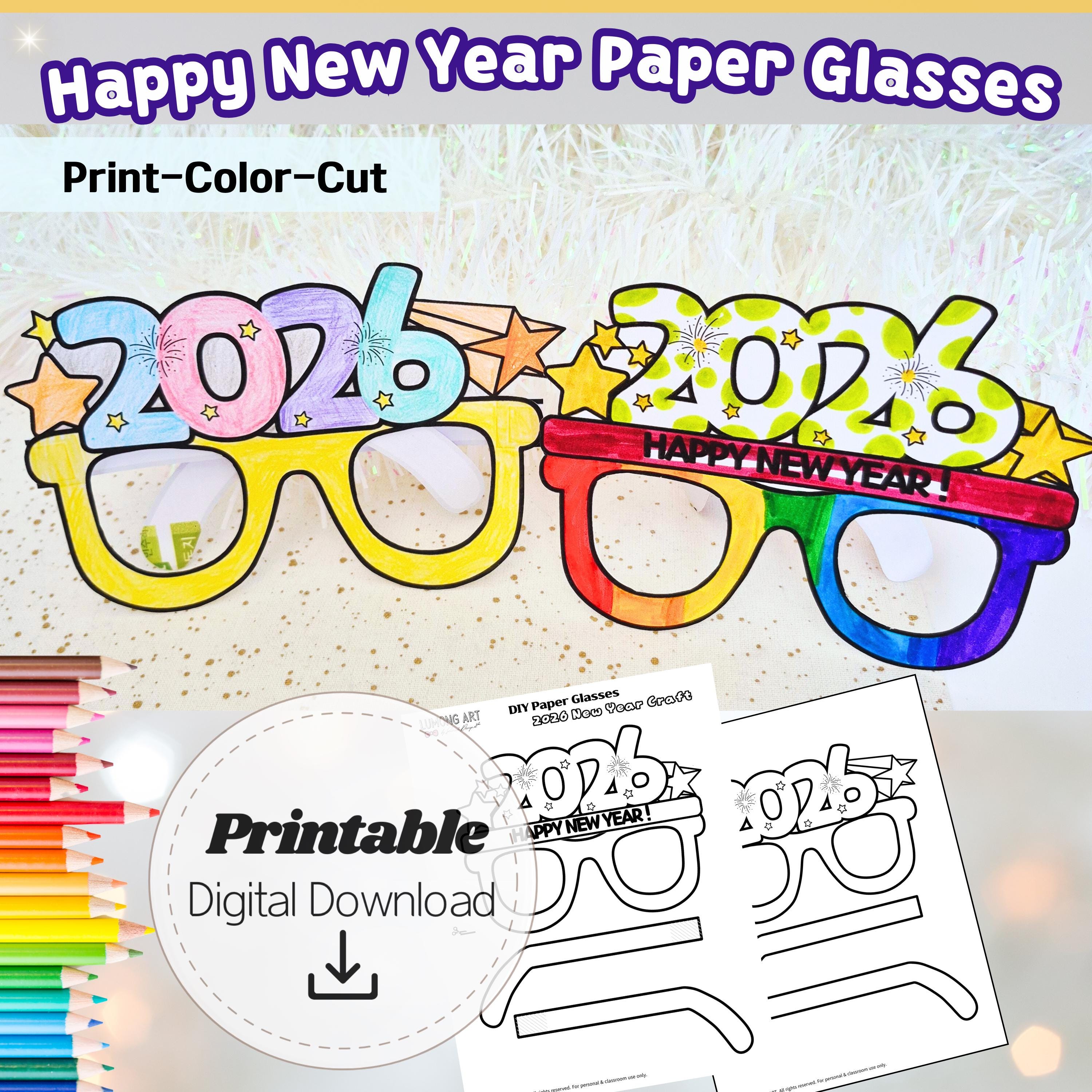 Happy New Year 2026 Paper Glasses Craft Printable, New Year Coloring ...