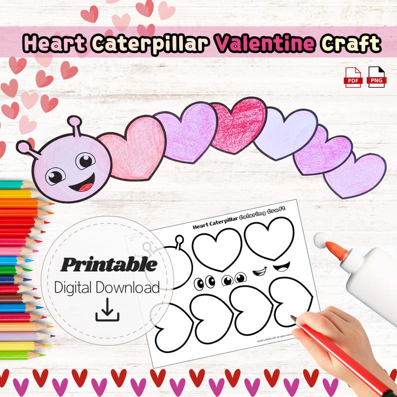 Heart Caterpillar Craft for Kids | Valentine’s Day Coloring Activity ...