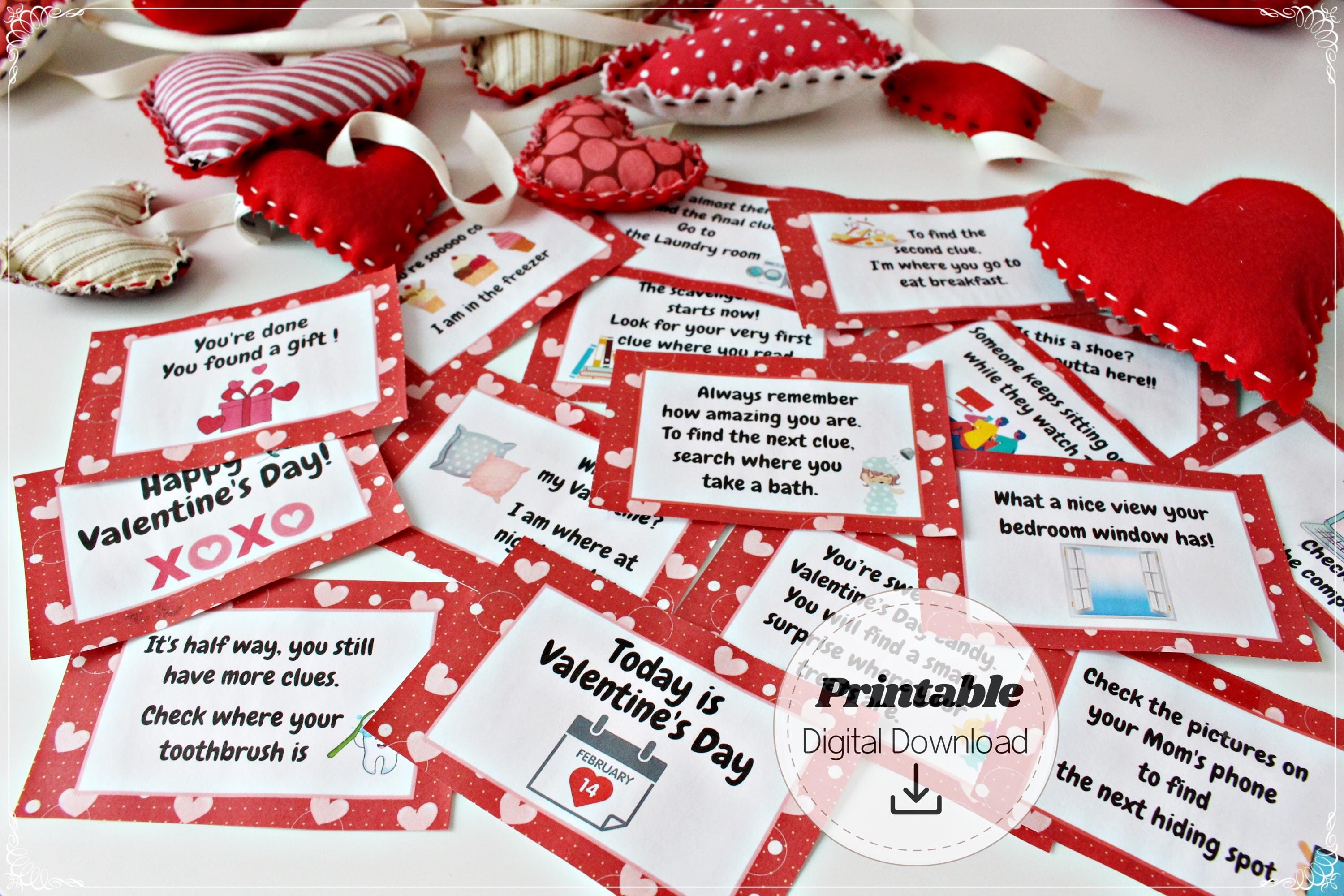 Valentine’s Day Scavenger Hunt Cards, Printable Clue Set Treasure Hunt ...
