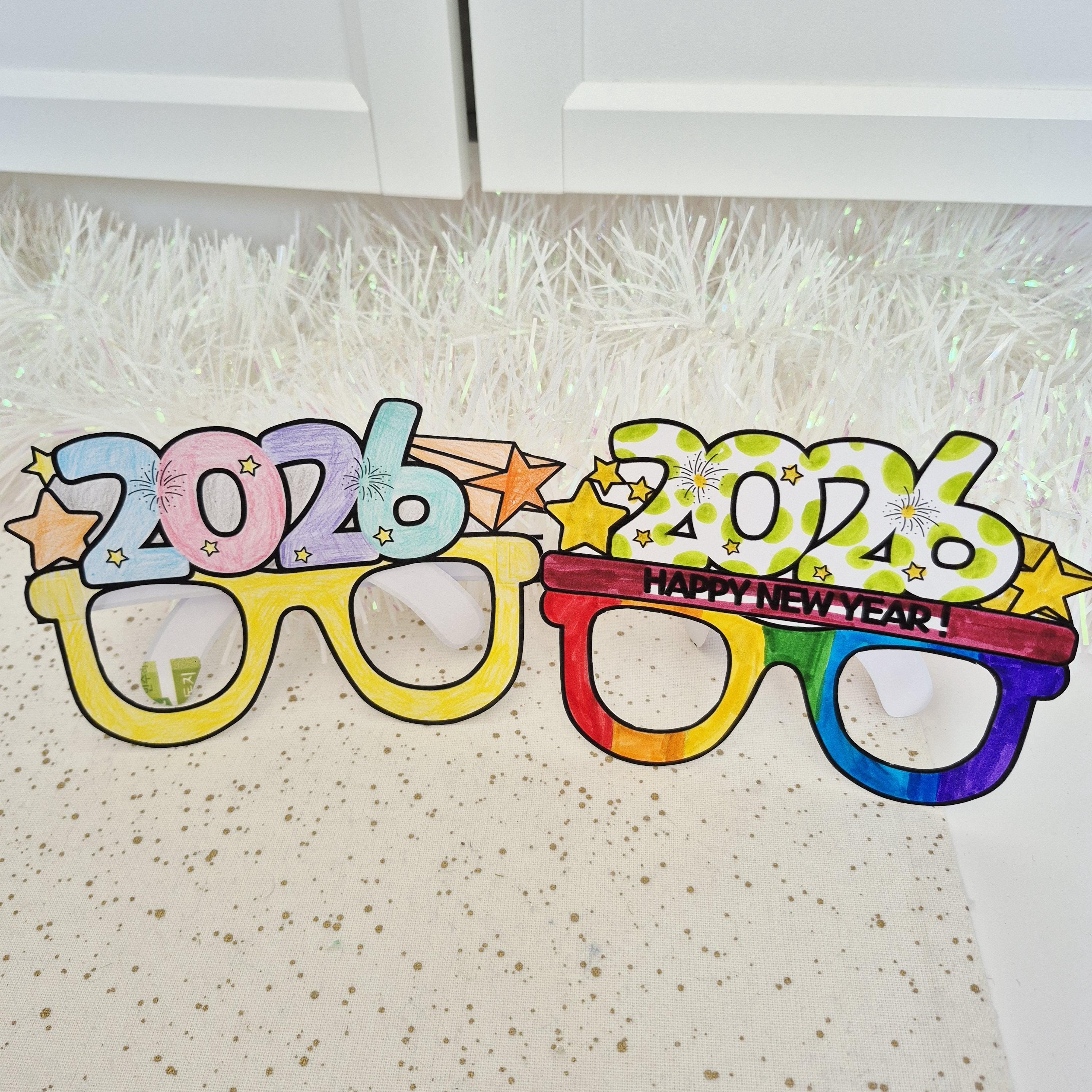 Happy New Year 2026 Paper Glasses Craft Printable, New Year Coloring ...