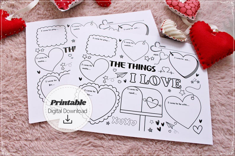 Things I Love Activity Sheet Printable DIY Valentine's Day Kids ...