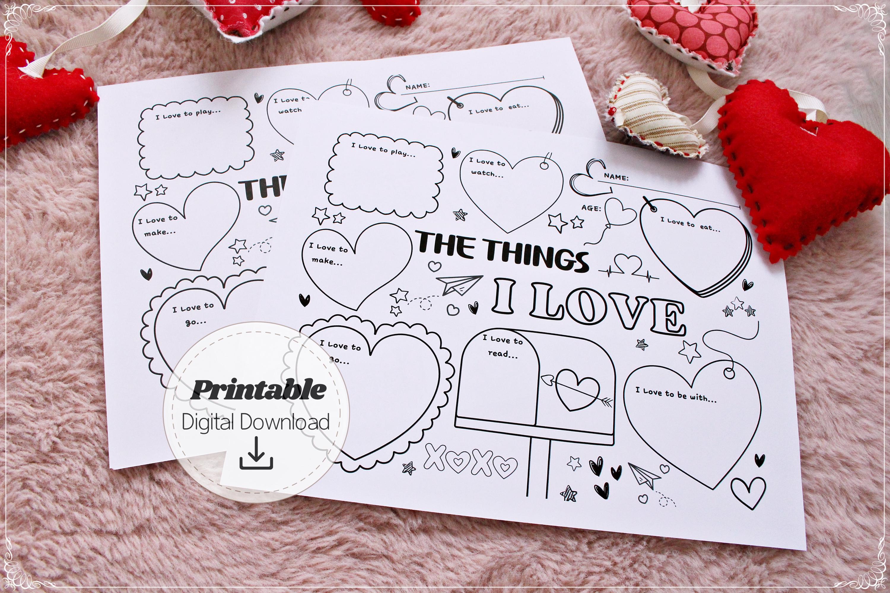 Things I Love Activity Sheet Printable DIY Valentine's Day Kids ...