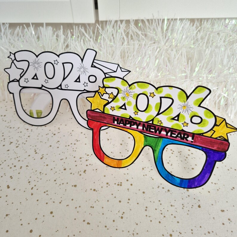 Happy New Year 2026 Paper Glasses Craft Printable, New Year Coloring ...