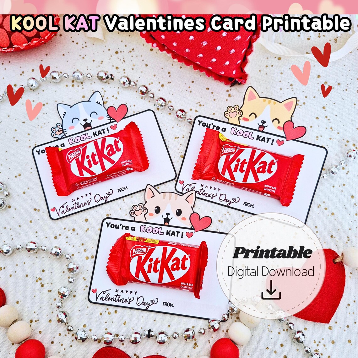 Printable Kool Kat Valentine Card – Cat-themed Classroom Treat Tag for ...
