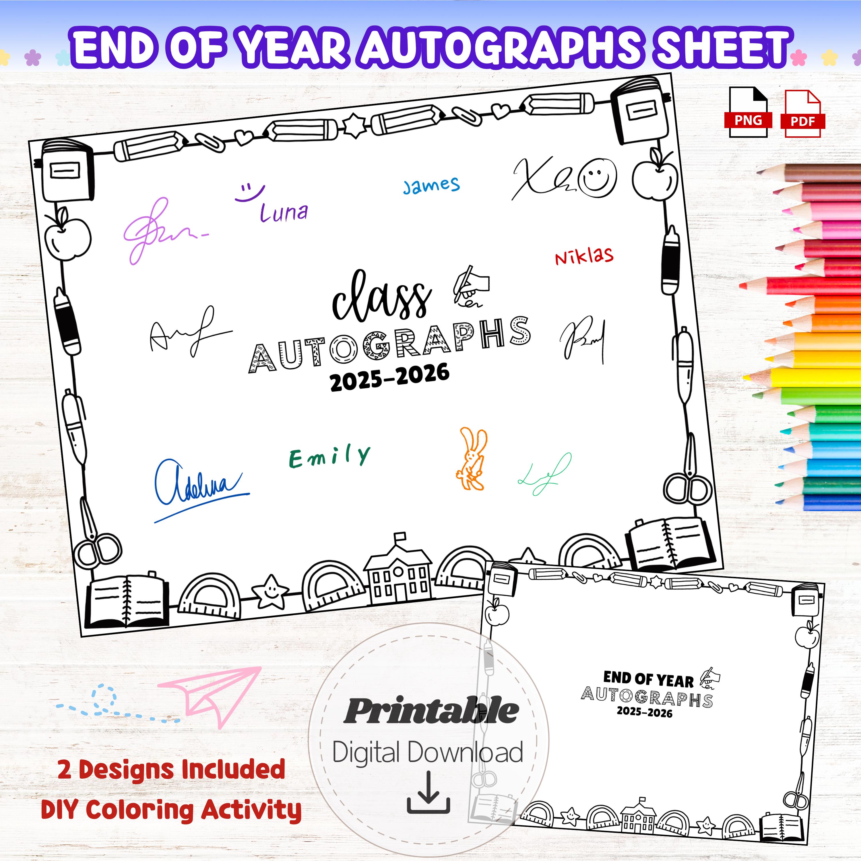 End of Year Autograph Page 2025-2026, Last Day of School Memory Sheet ...