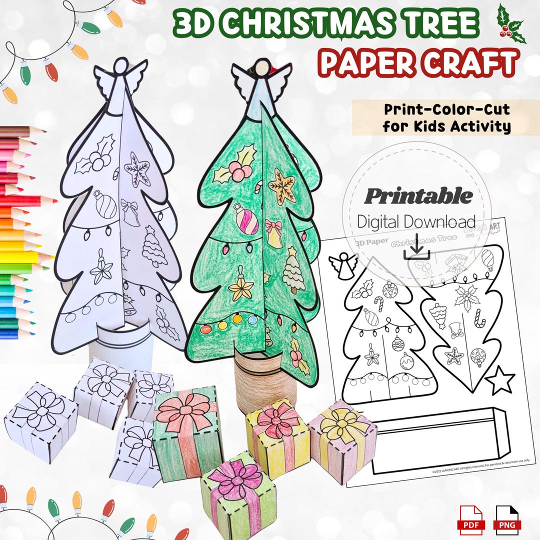 Paper Christmas Tree 3D Craft Printable, Kids Holiday Activity to Color ...