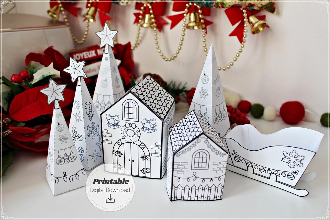 Printable 3D Paper Craft DIY Christmas Craft Paper House Set, Tree ...